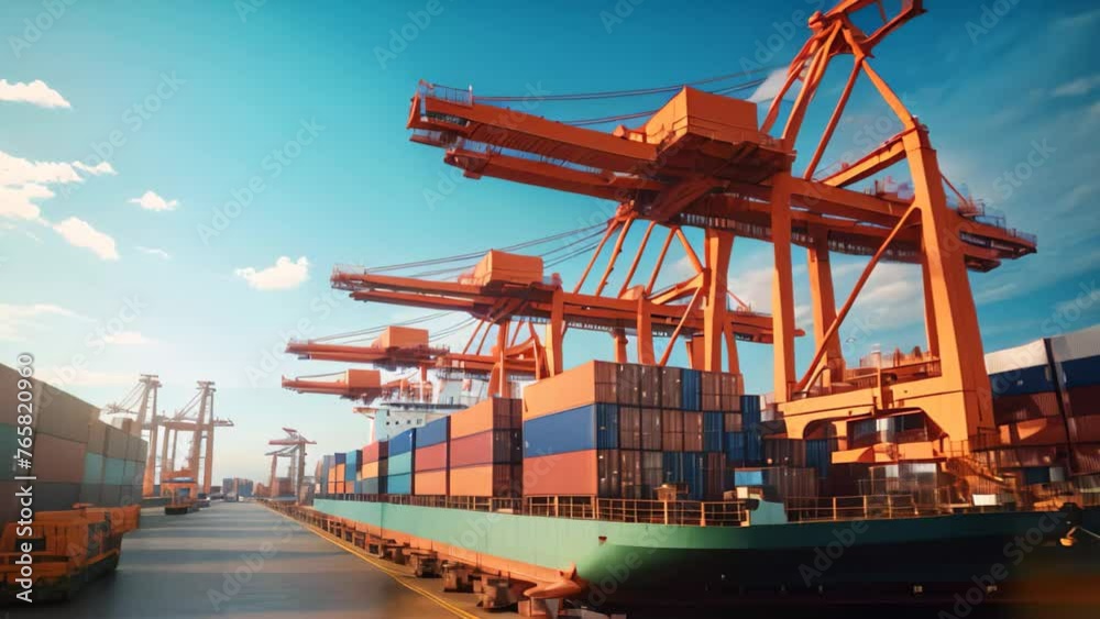 Container Cargo freight ship with working crane bridge in shipyard at ...