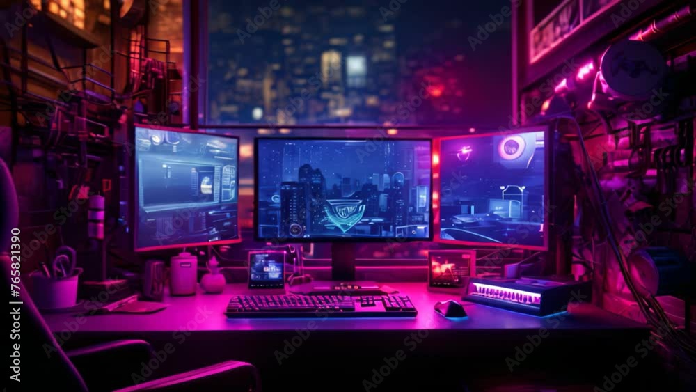3D rendering of a gamer workspace with a lot of gaming equipment ...