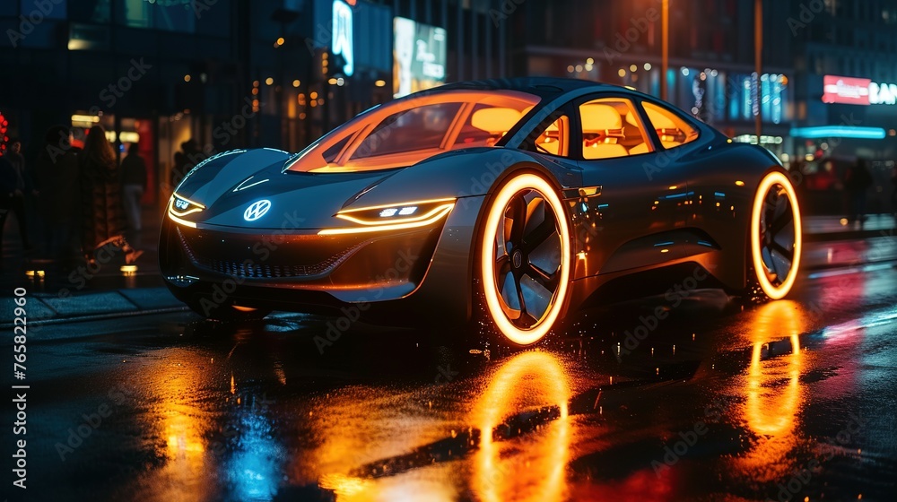 Autonomous electric car. Futuristic vehicle, H2 fuel cell. Sustainable ...