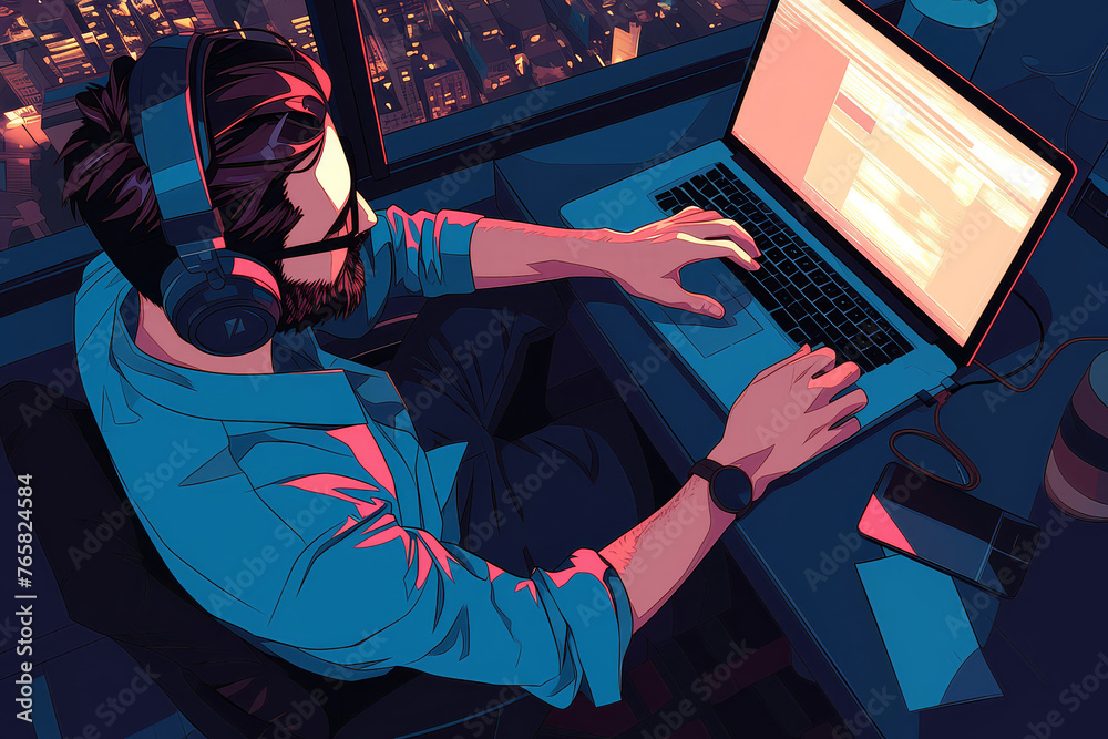 Businessman working on his labtop PC device. AI Generative of minimal ...