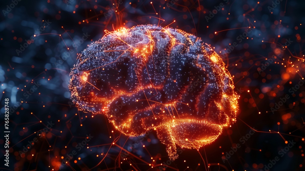 Brain with glowing neural synapses and luminous neural network as science, memory development ...