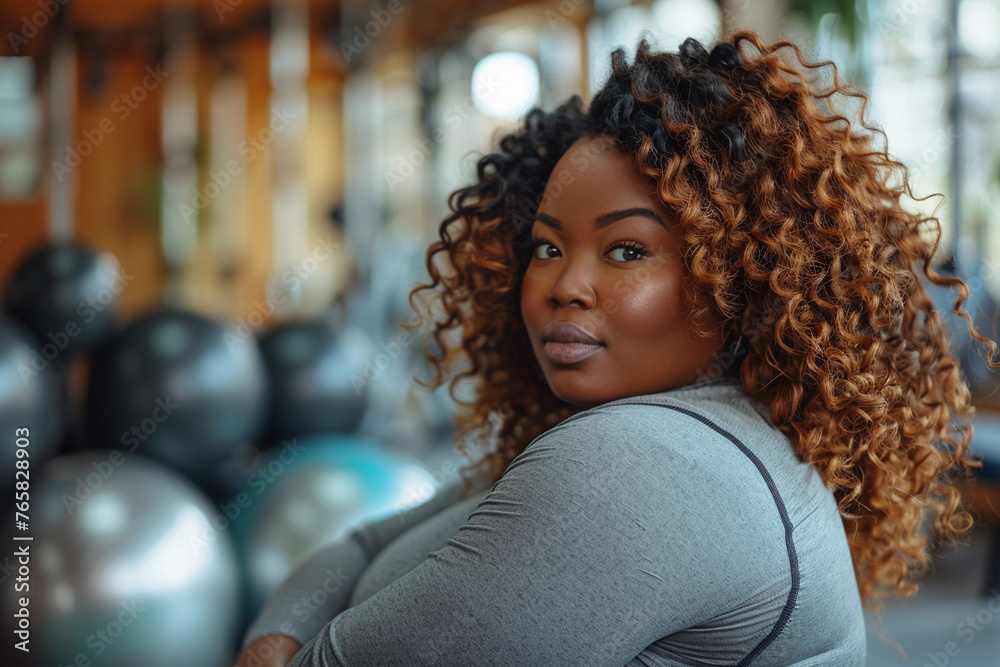 plus size overweight black woman in sportwear doing sport exercises at ...