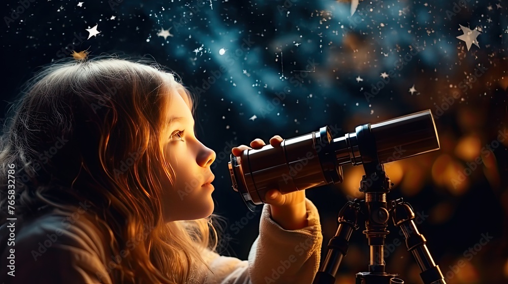 Starry-eyed Girl Observing Celestial Wonders Through Telescope. Young ...