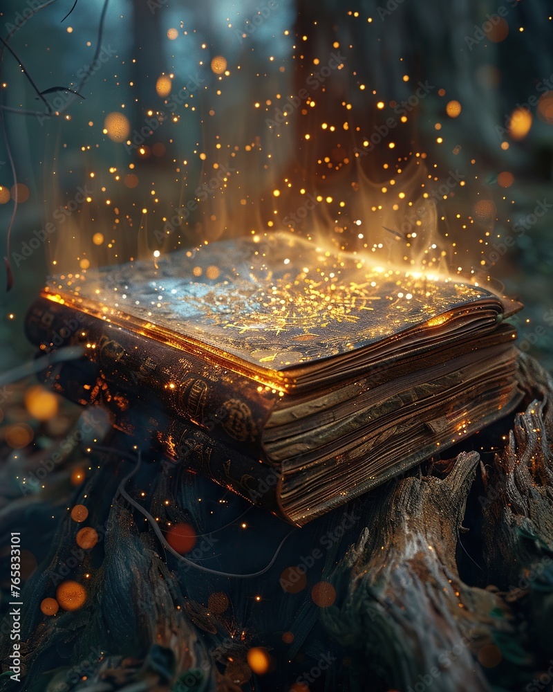 Magic spellbook, enchanted pages, glowing runes, Emitting Magical ...