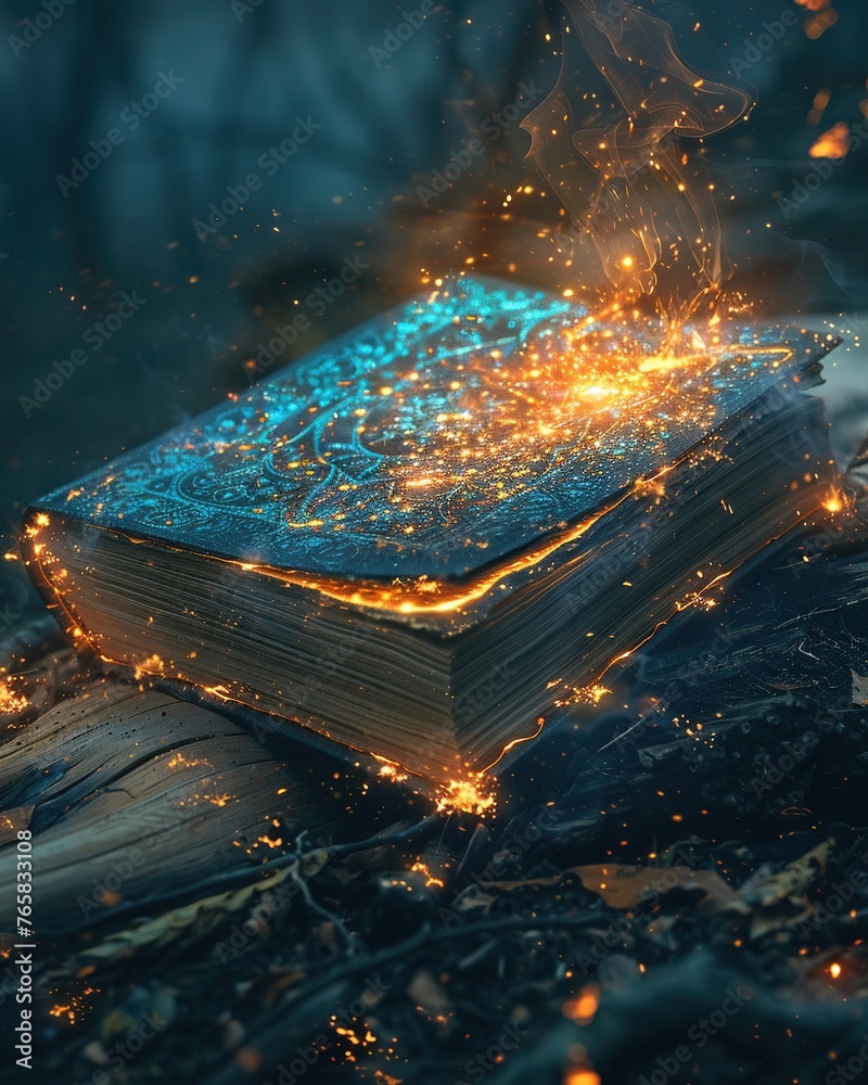 Magic spellbook, enchanted pages, glowing runes, Emitting Magical ...