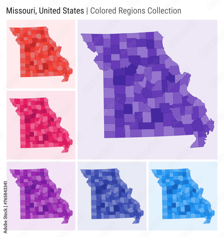 Missouri, United States. Map collection. State shape. Colored counties ...