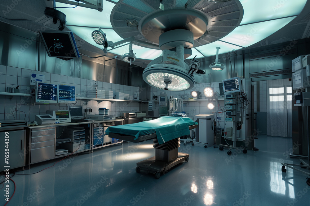 An empty, modern operating room is depicted with a surgical table at ...