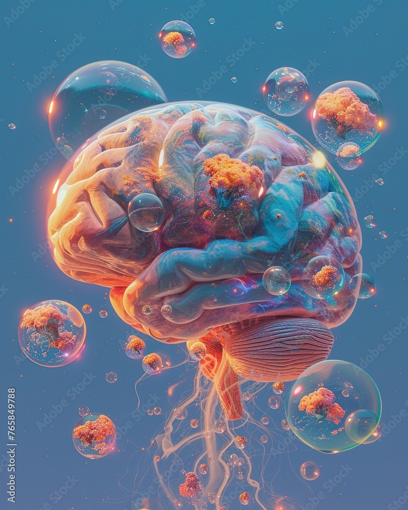 Levitating brain exploding into a burst of vibrant, interconnected ...