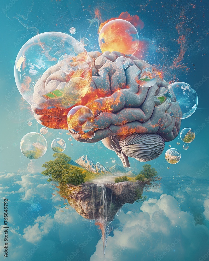 Levitating brain exploding into a burst of vibrant, interconnected ...