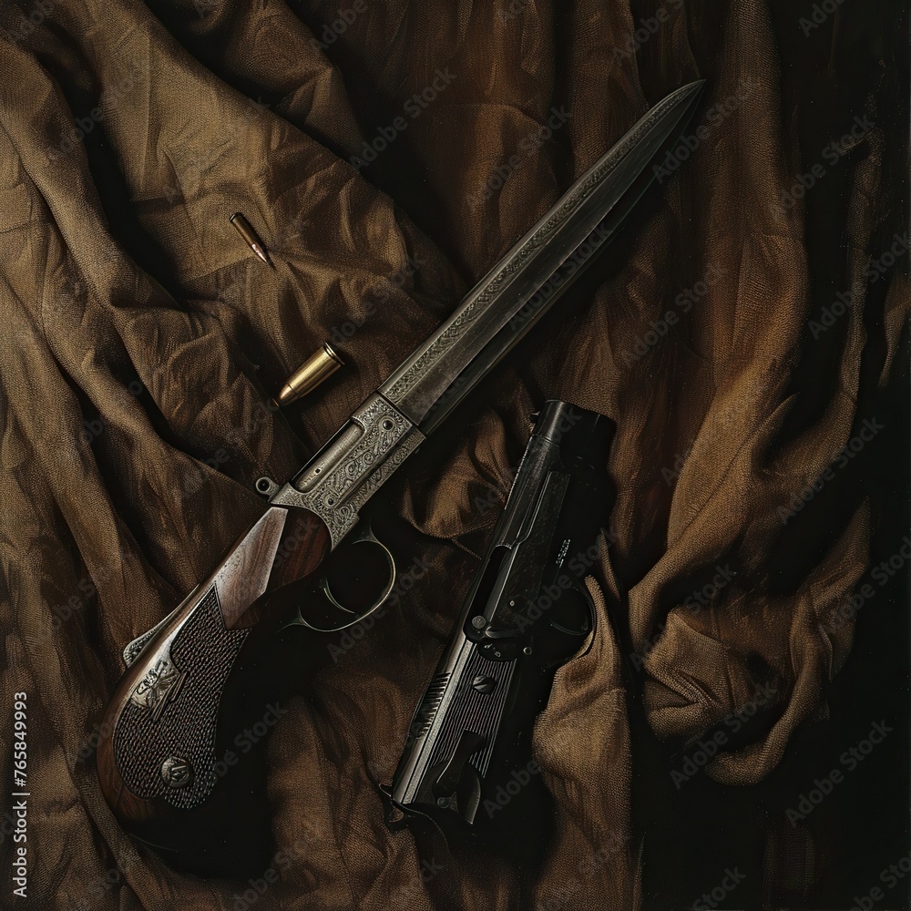 Symbolic clash between a medieval dagger and modern firearms, arranged ...