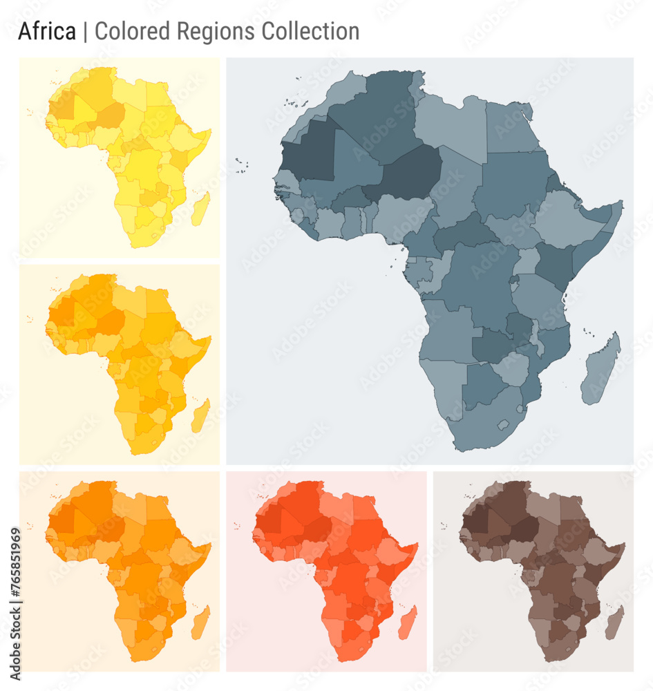 Africa. Map collection. Continent shape. Colored countries. Blue Grey ...