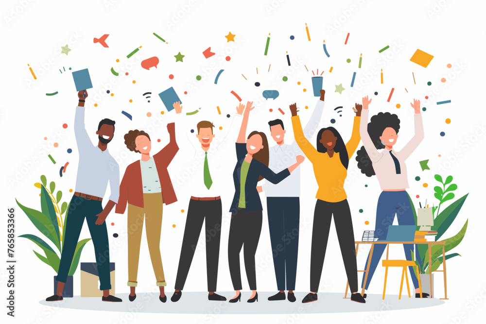 Happy office workers, joyful staff or employee success, team or ...