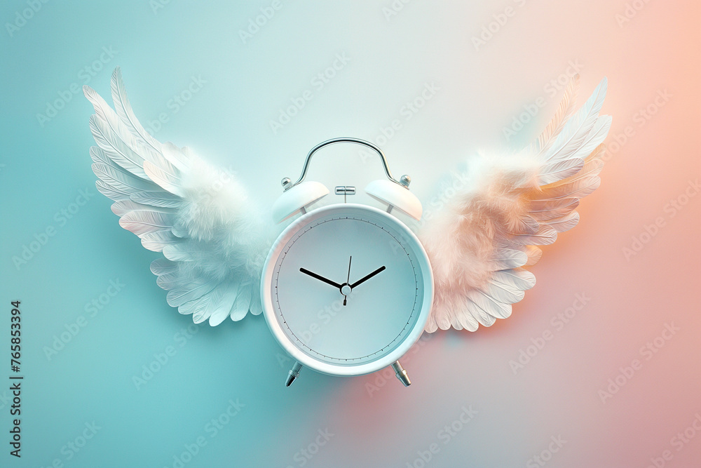 Alarm clock with angel wings flying on pastel background. Time flies ...
