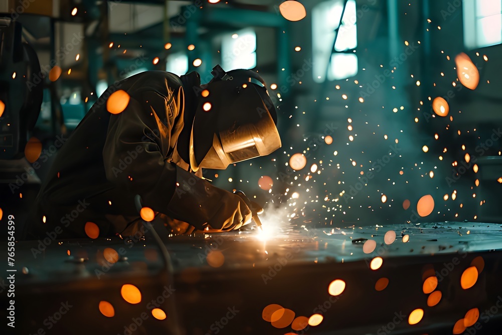 Workers wearing industrial uniforms and Welded Iron Mask at Steel welding plants, industrial ...
