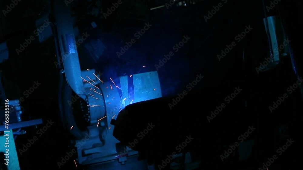 close up of automatic machine welding process on steel metal rod piece ...