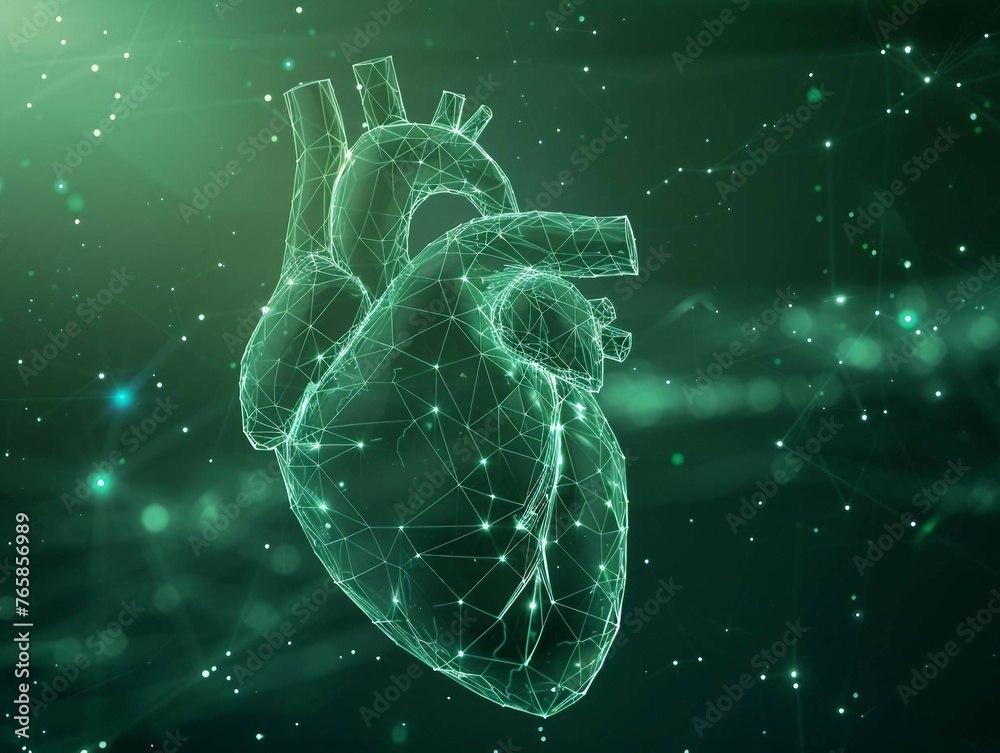green High-Tech Digital Human Heart with Low Poly Wireframe on dark ...