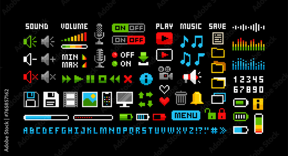 Retro Game pixel graphics icons Set 6. Perfect pixel icons of media ...