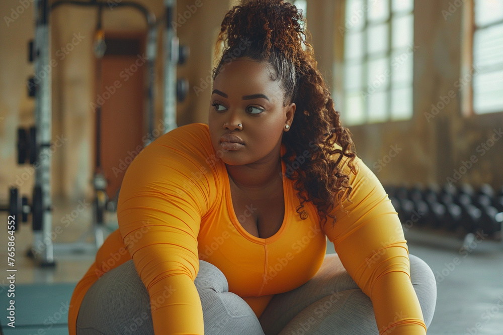 plus size overweight black woman in sportwear doing sport exercises at ...