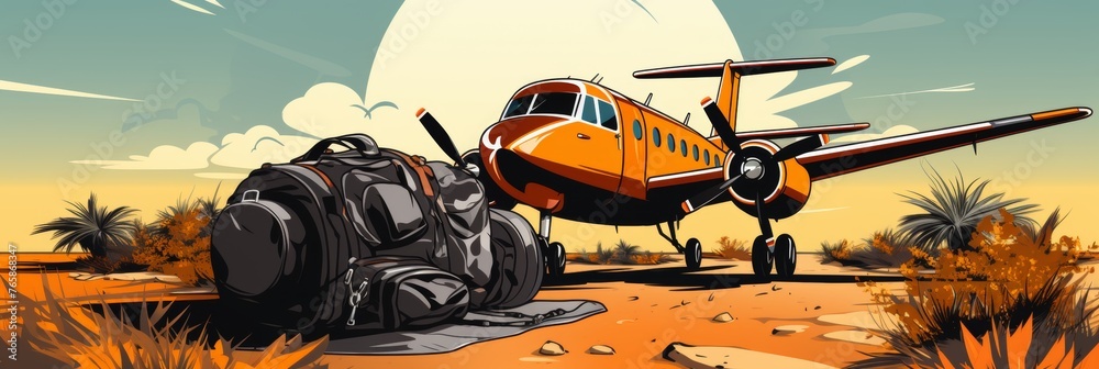 Small airplane landed in desert next to large black suitcase. Plane is ...