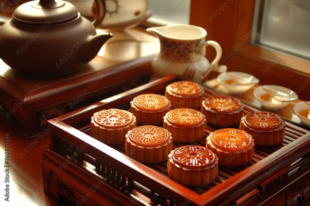 Traditional Tea Ceremony Displaying Mooncakes, Symbolizing Reunion and ...