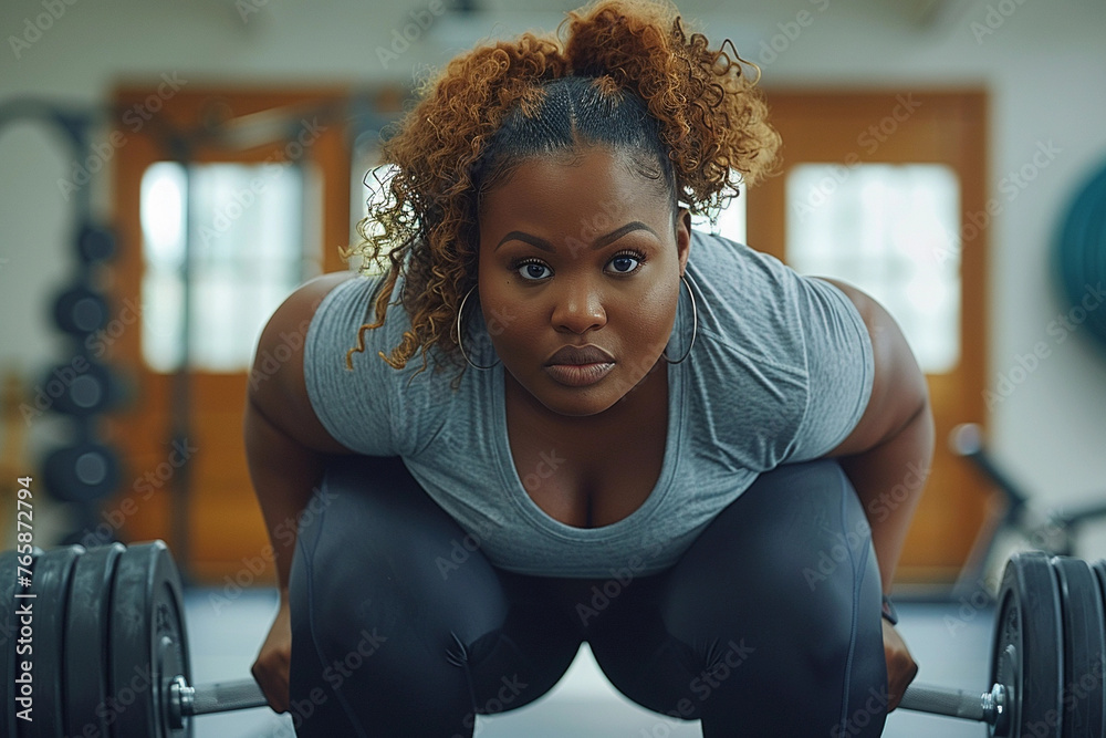 plus size overweight black woman in sportwear doing sport exercises at ...