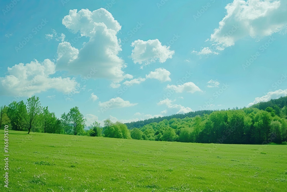 Spring landscape. Clouds moving in clear blue sky over the green field ...
