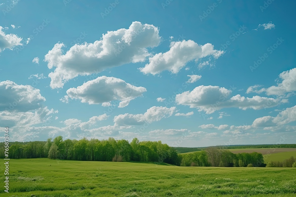 Spring landscape. Clouds moving in clear blue sky over the green field ...