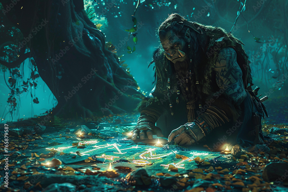 An orc shaman summoning ancient spirits in a dark enchanted forest with ...