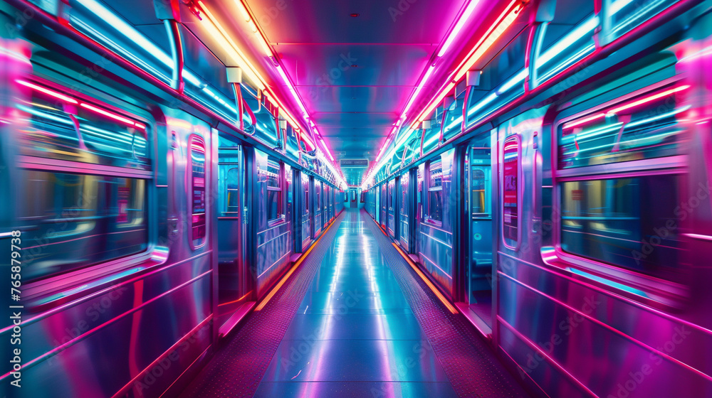 The interior of a subway train lit by vibrant neon lights captured in a ...