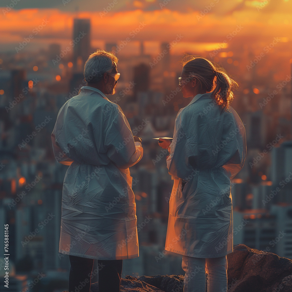 Debate, lab coats, ethical and ecological concerns, two scientists ...