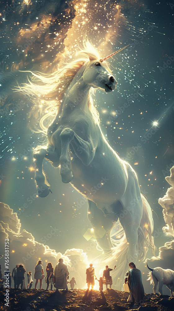 Pixel Pegasus, glowing mane, mythical steed, people marveling at its ...