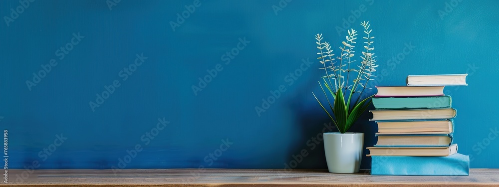Blue background highlights a stack of books on an empty desk Stock ...