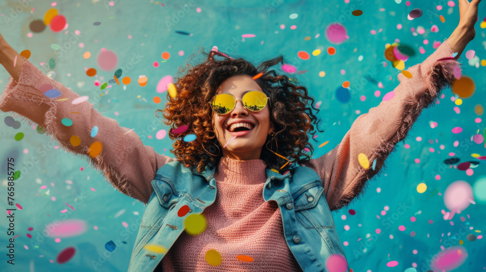 An exuberant woman raises her arms amidst a shower of colorful confetti ...