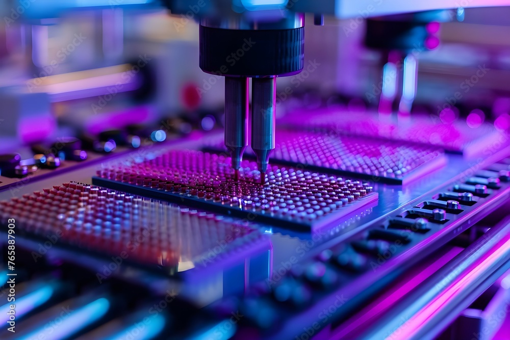 Closeup of a silicon die being placed in a semiconductor construction ...