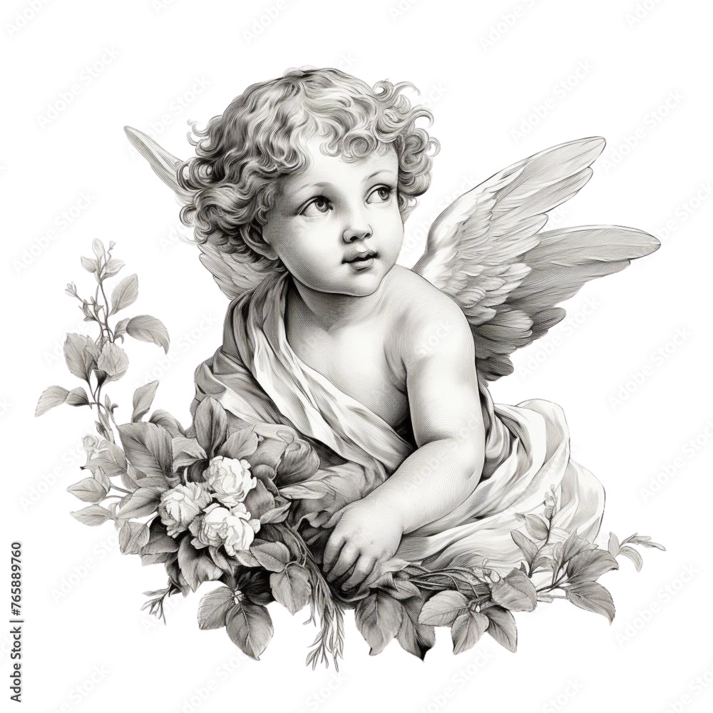 Cute Hand Drawn Cherubs Cupids clipart, Fine line art angel ...