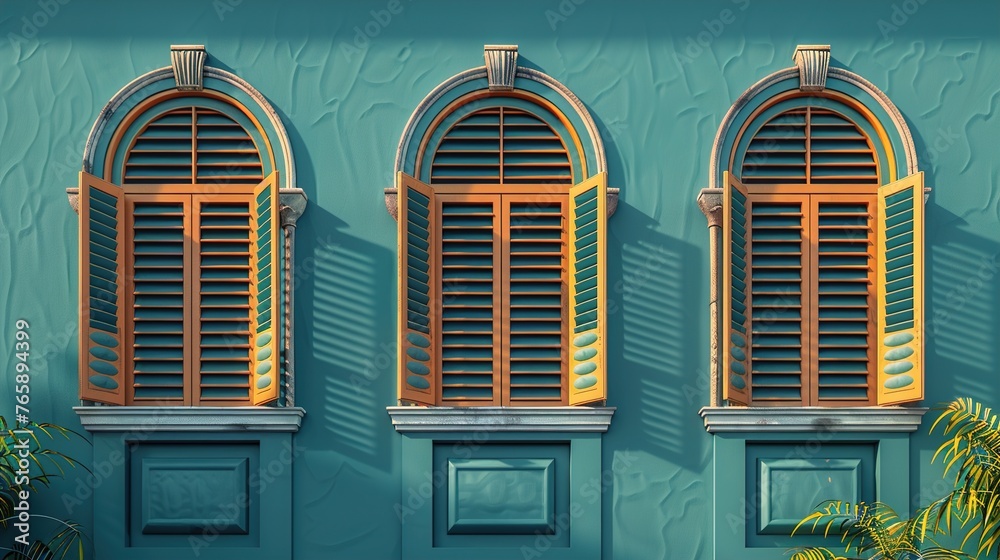 A UHD capture of a row of decorative window shutters with louvers and ...