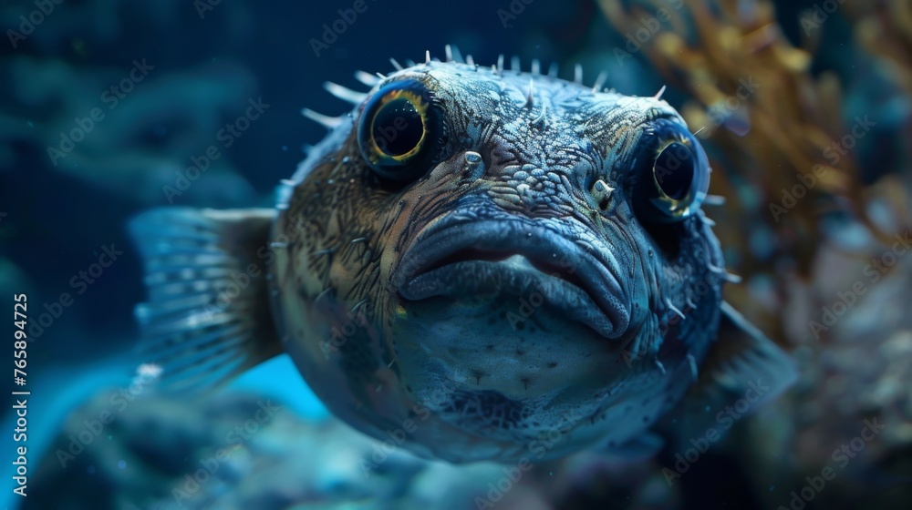 A mature, older, and larger puffer fish staring straight at the camera ...