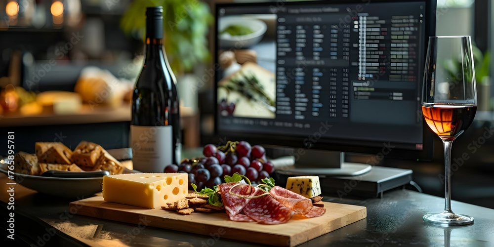 Contemporary Restaurant Scene with Cheese Snacks, Wine, and Digital ...