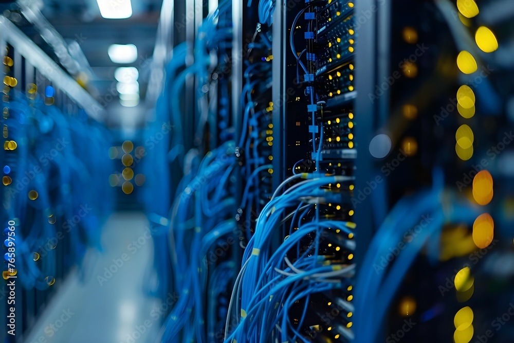 Illustration of Cloud Computing Migration and Data Transfer in a Server Room with Rows of ...