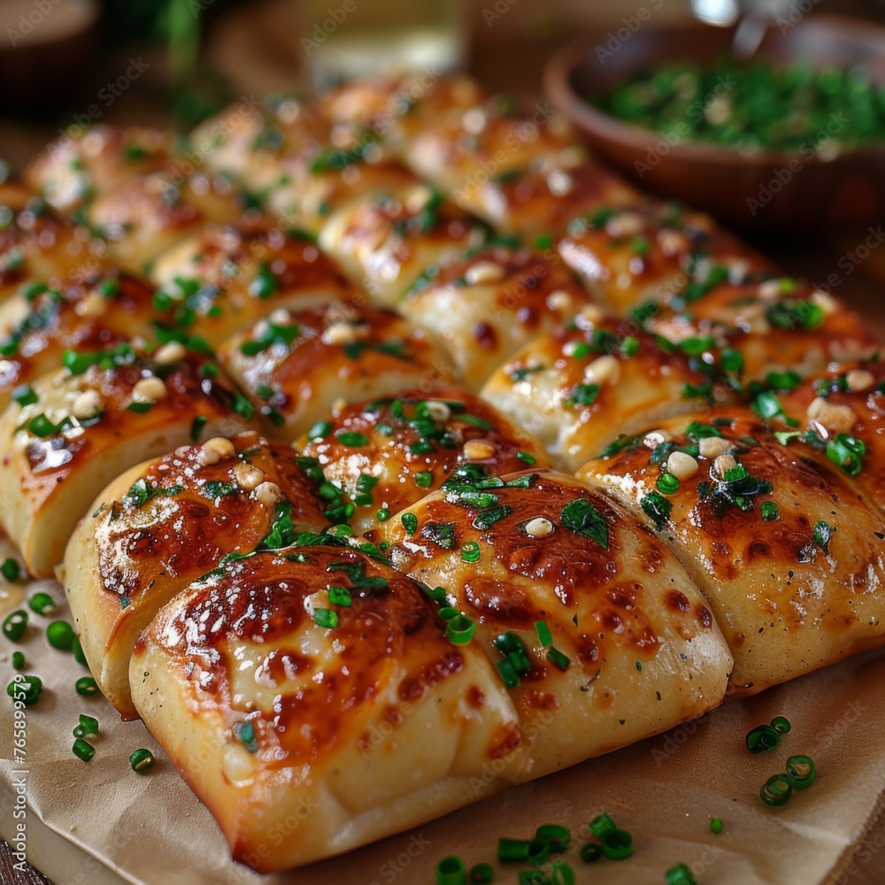Garlic bread, close up, ultra detailed, photorealistic, 8k, high definition, generated with AI ...