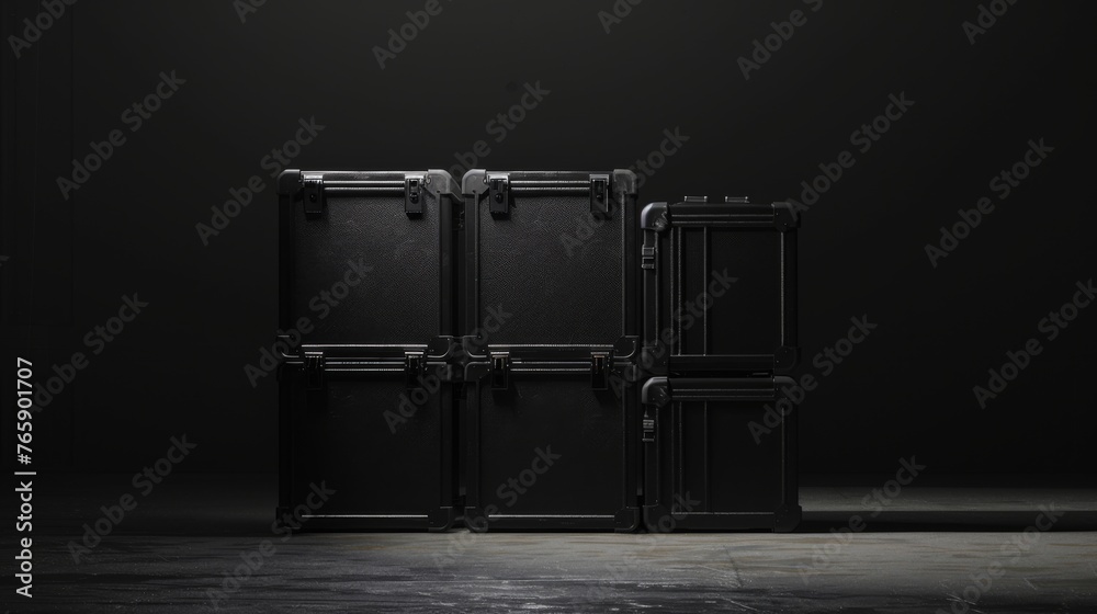 Mockup set of road cases for the filming equipment in the dark minimal ...