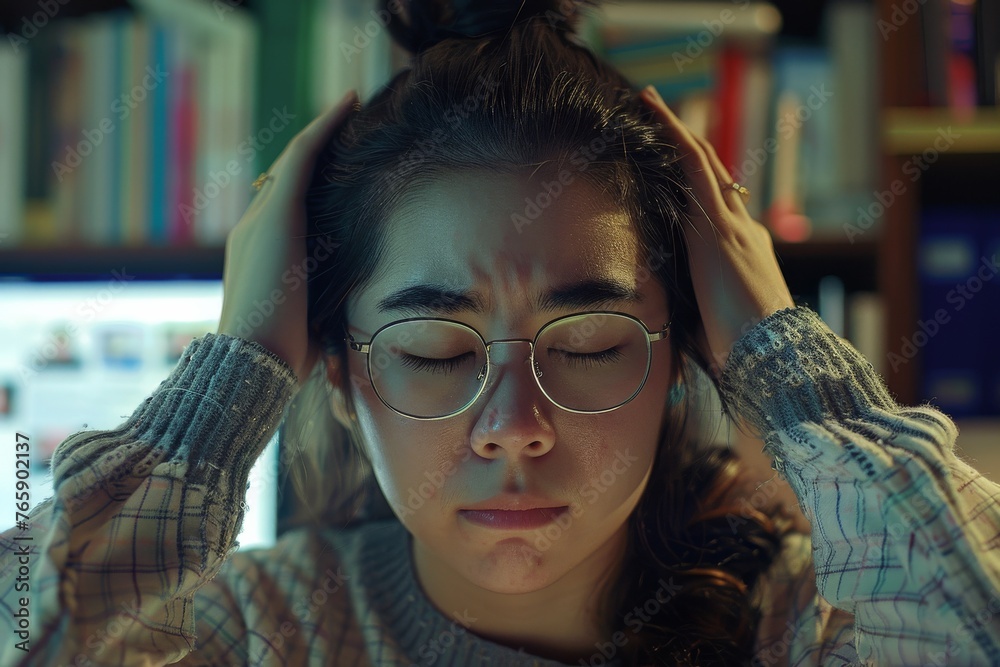 Woman student removing her glasses, eyes closed, with a pained ...