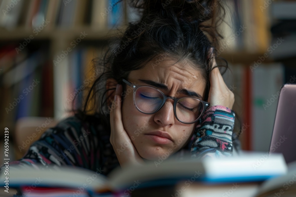 Woman student removing her glasses, eyes closed, with a pained ...