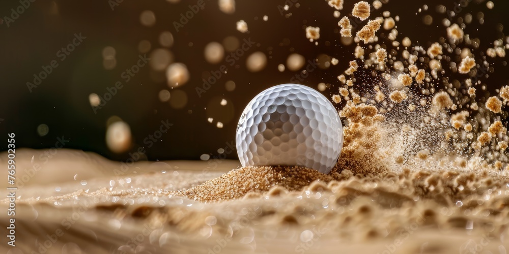 Golf ball on sand with explosive dust. High-speed action shot of a golf ...
