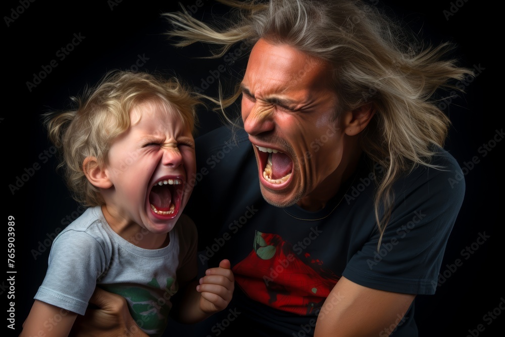 Portrait photo capturing a dad yelling at their crying child, their ...
