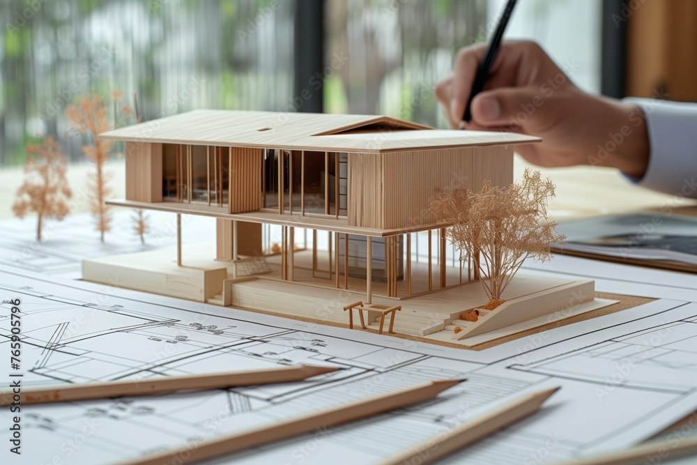 Architect's hand sketching and crafting a modern house model on ...