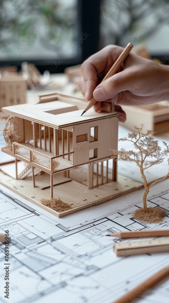 Architect's hand sketching and crafting a modern house model on ...