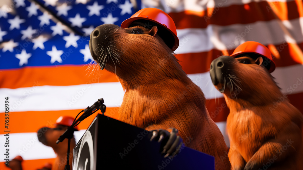portrait of a capybara wearing a construction helmet speaking at a ...