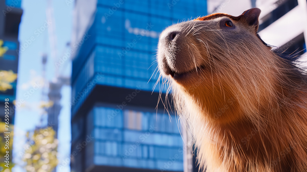 Portrait of a capybara from the bottom angle against the background of ...