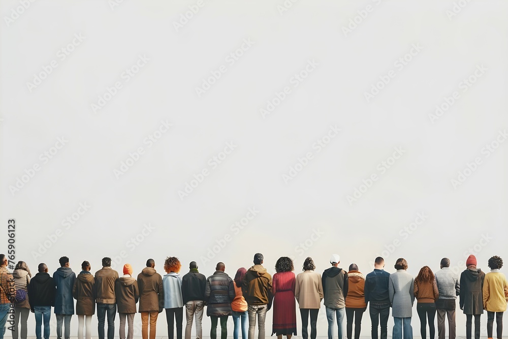 Large diverse crowd waiting in line including men women and children ...